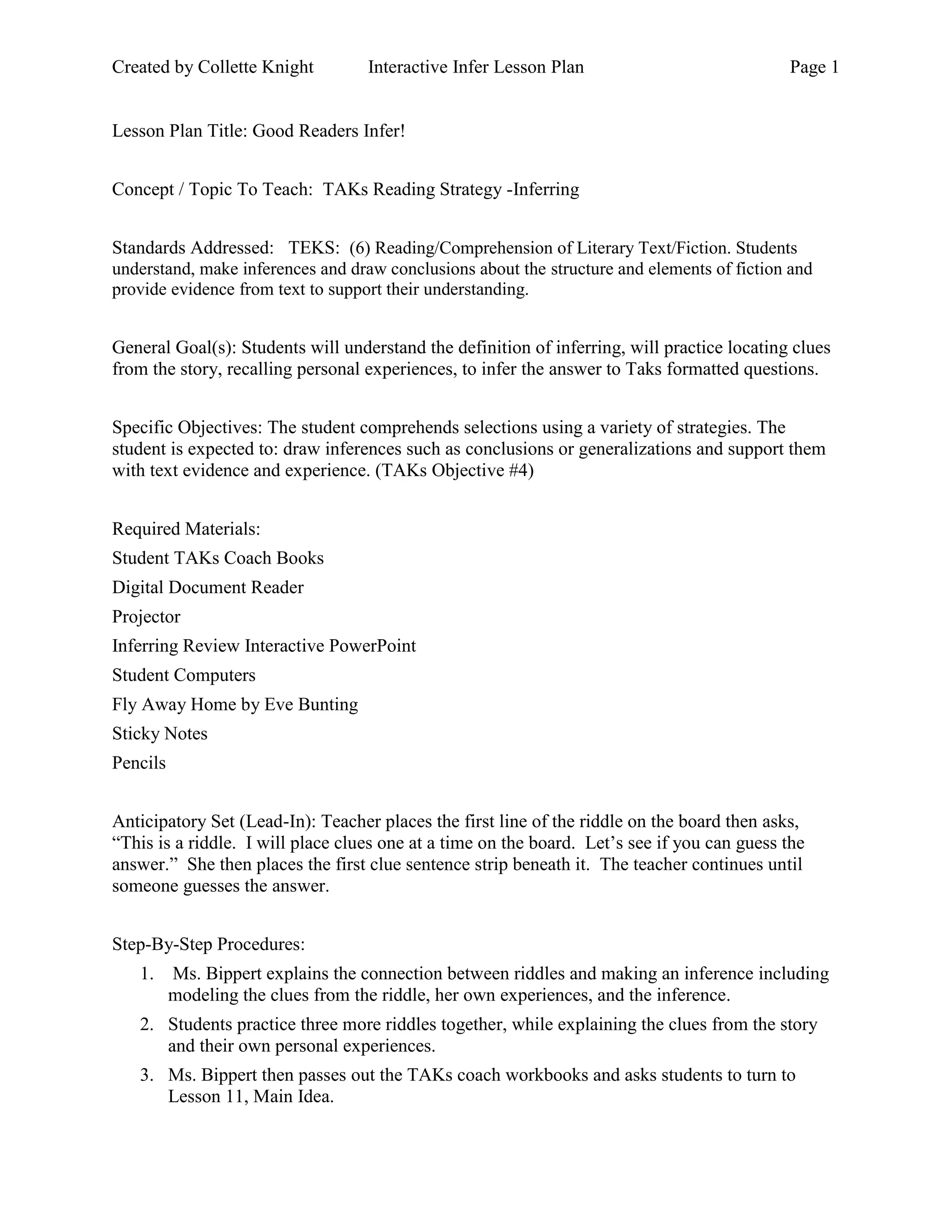 Interactive Inferring Lesson Plan | PDF