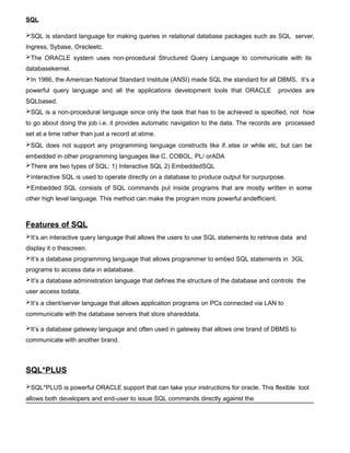 Interactive SQL: SQL, Features of SQL, DDL & DML | PDF