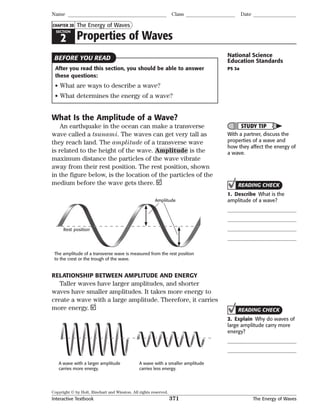 Interactive Textbook Ch. 20 The Energy of Waves | PDF
