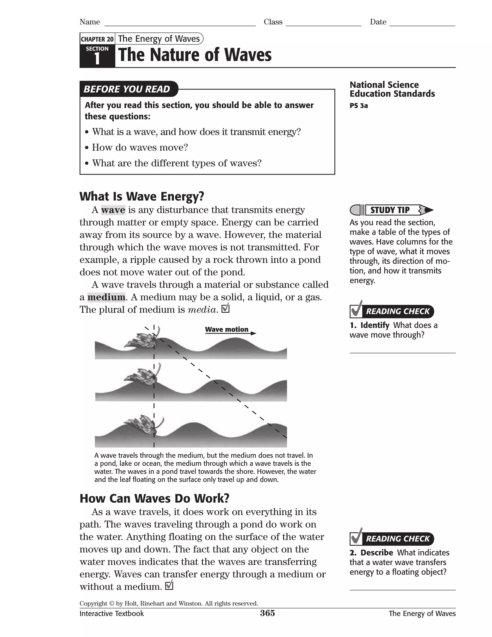Interactive Textbook Ch. 20 The Energy of Waves | PDF