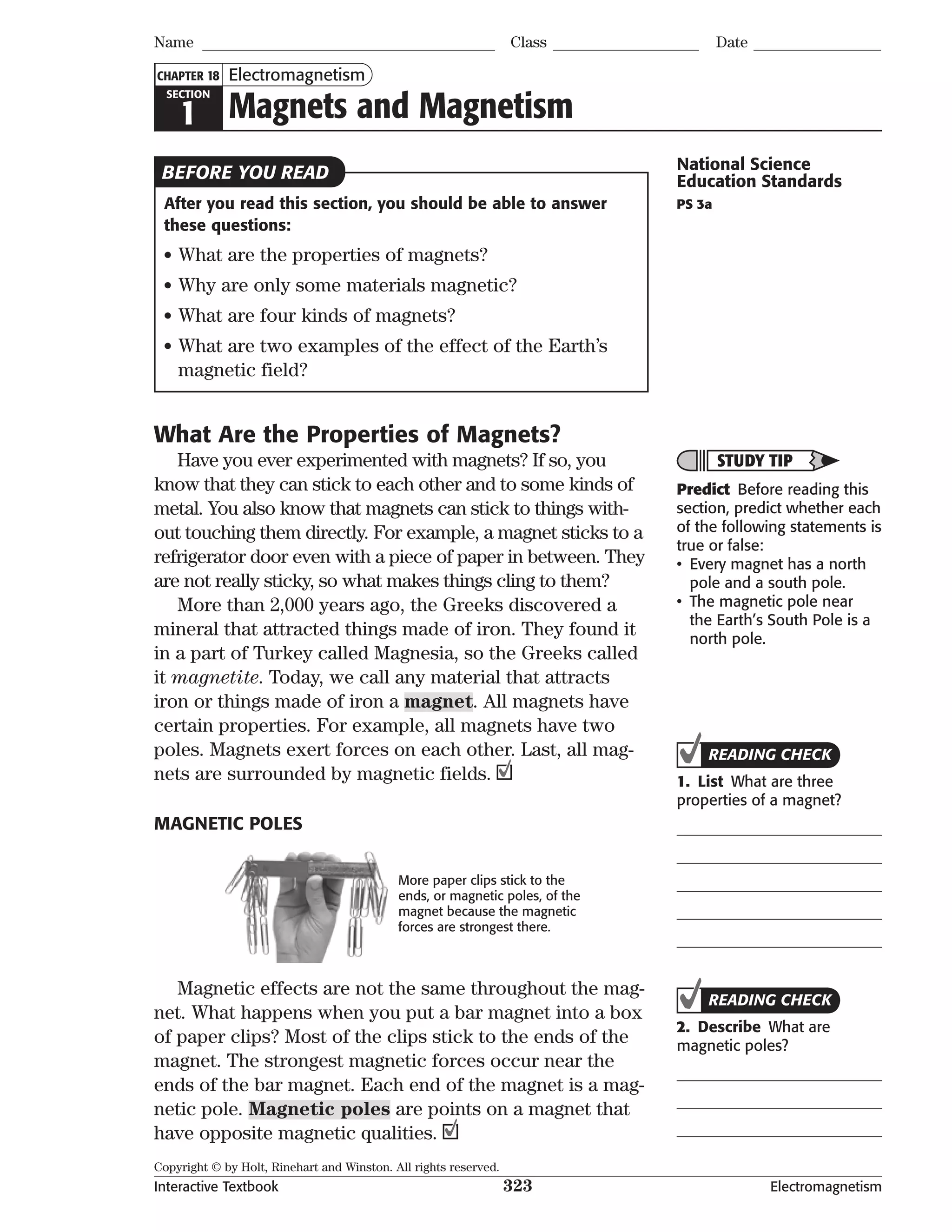 Interactive textbook ch. 18 sec 1 magnets & magnetism | PDF