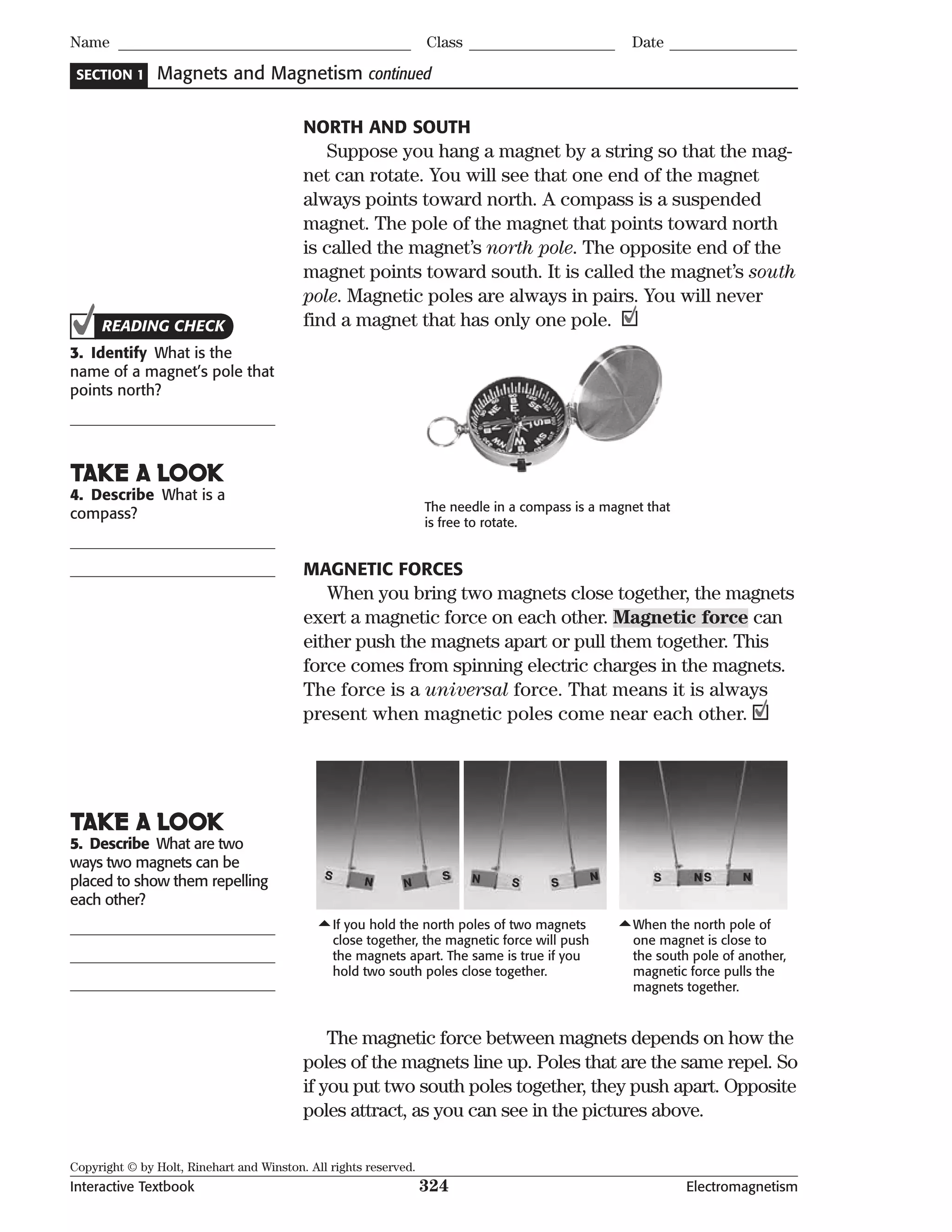 Interactive textbook ch. 18 sec 1 magnets & magnetism | PDF