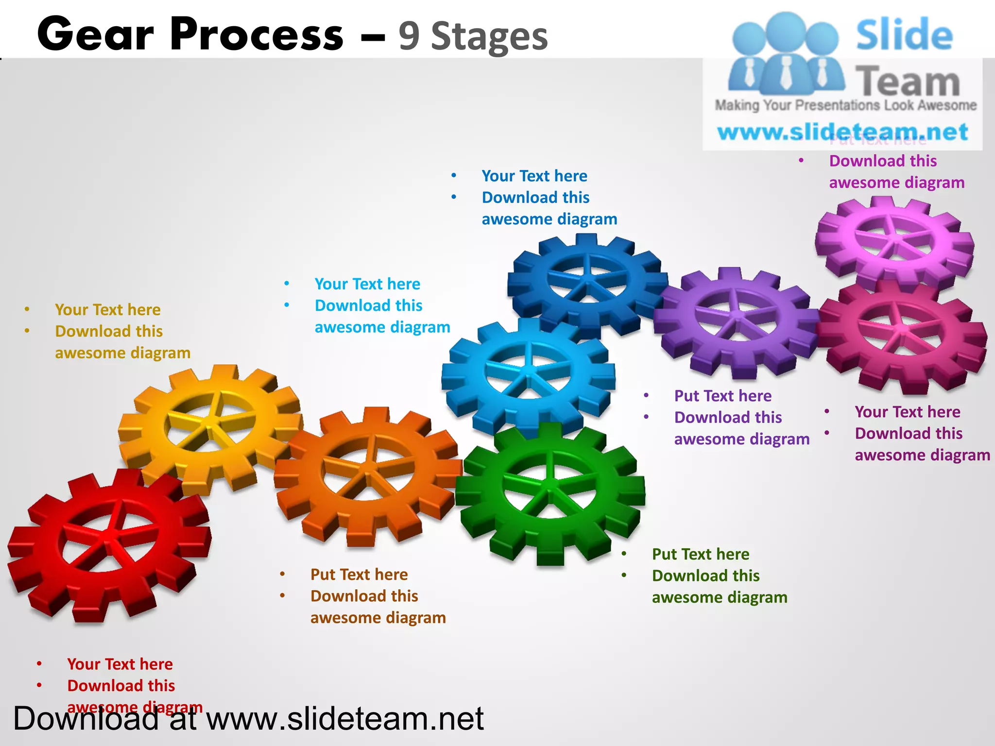 Interconnected gear pieces smart arts process 9 stages style 2 powerpoint presentation slides ...