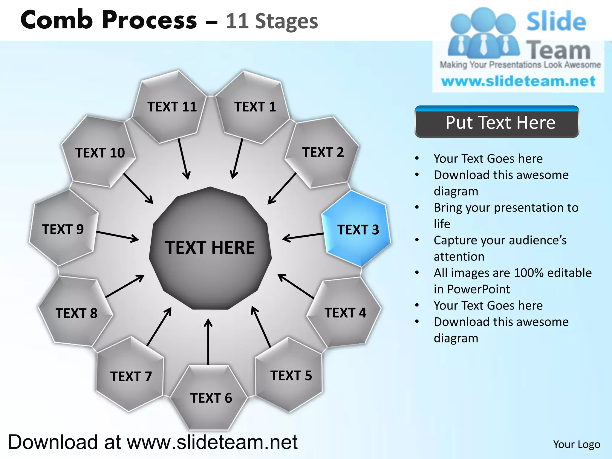 Interconnected hexagonal comb pointing inwards process 11 stages ...