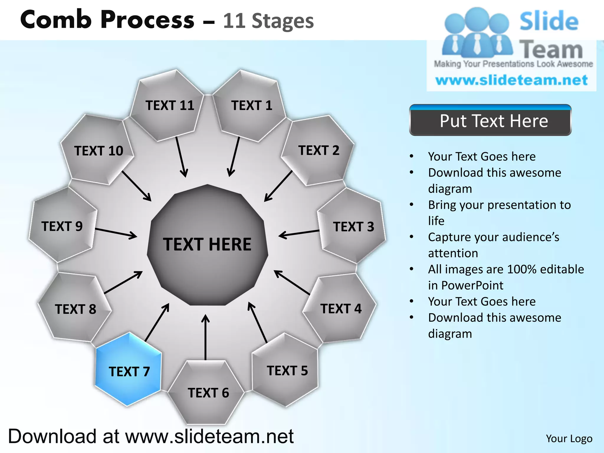 Interconnected hexagonal comb pointing inwards process 11 stages ...