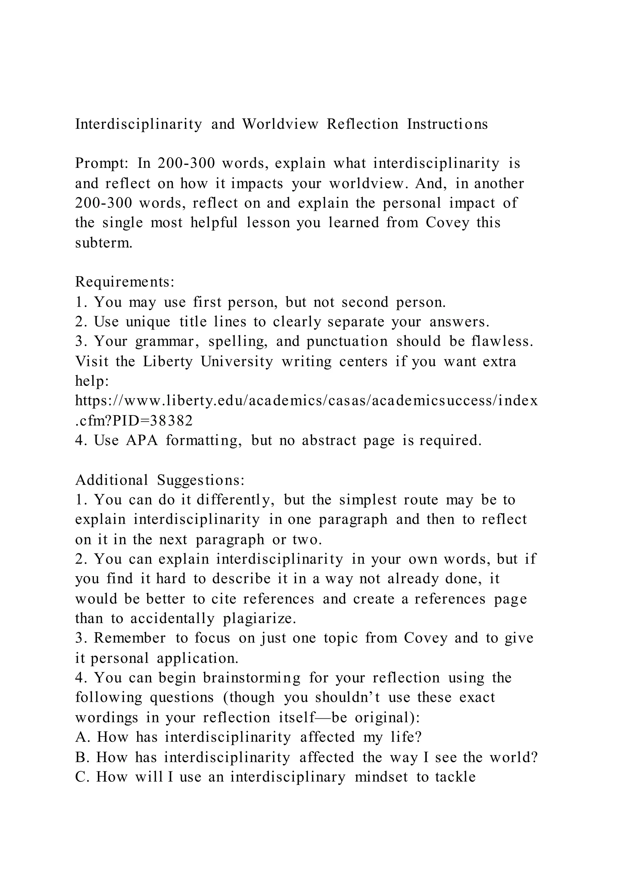 Interdisciplinarity and worldview reflection instructions promp | DOCX