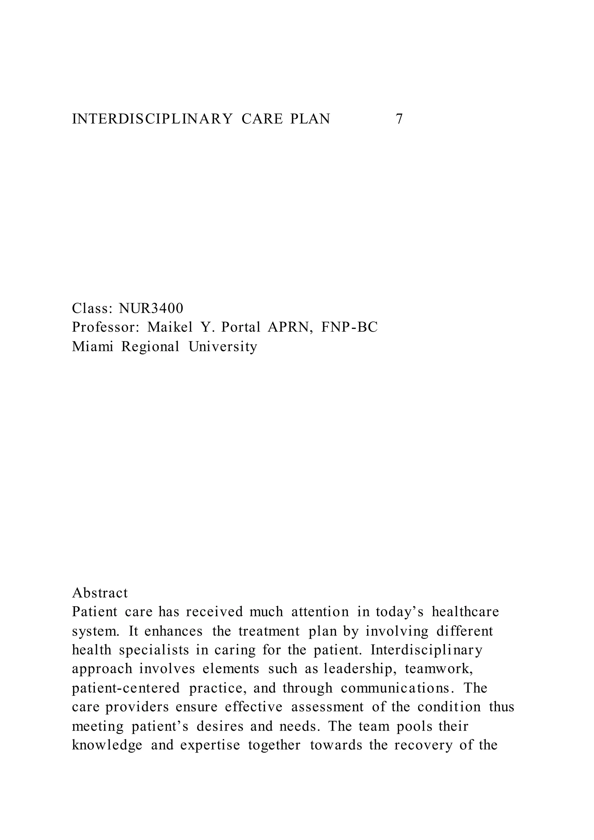 Interdisciplinary care plan7 class nur3400 | DOCX | Diabetes | Diseases ...