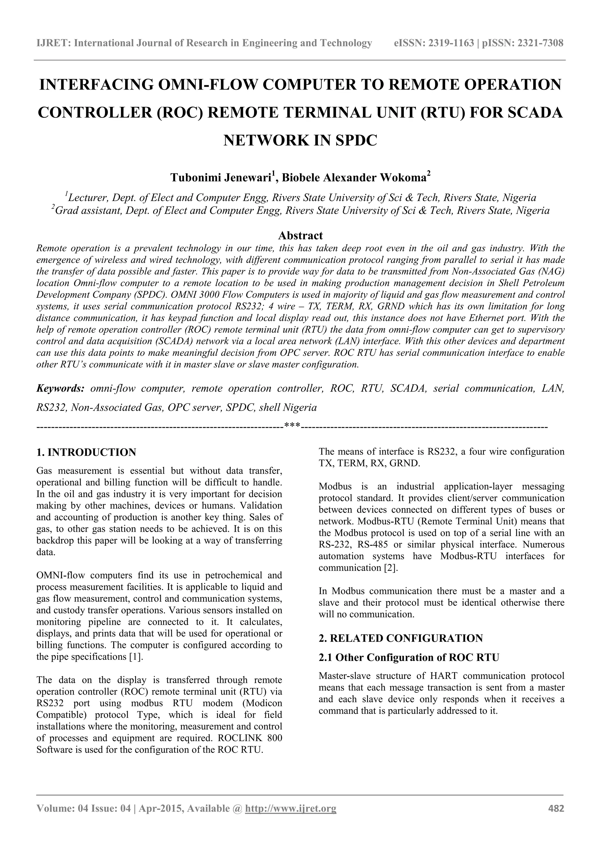 Interfacing omni flow computer to remote operation controller (roc) remote terminal unit (rtu ...