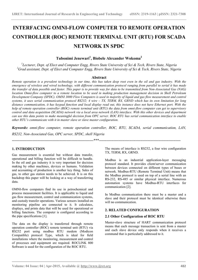 Interfacing omni flow computer to remote operation controller (roc) remote terminal unit (rtu ...