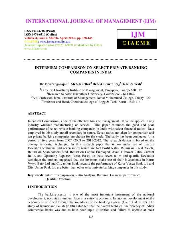 Interfirm comparison on select private banking companies in india | PDF