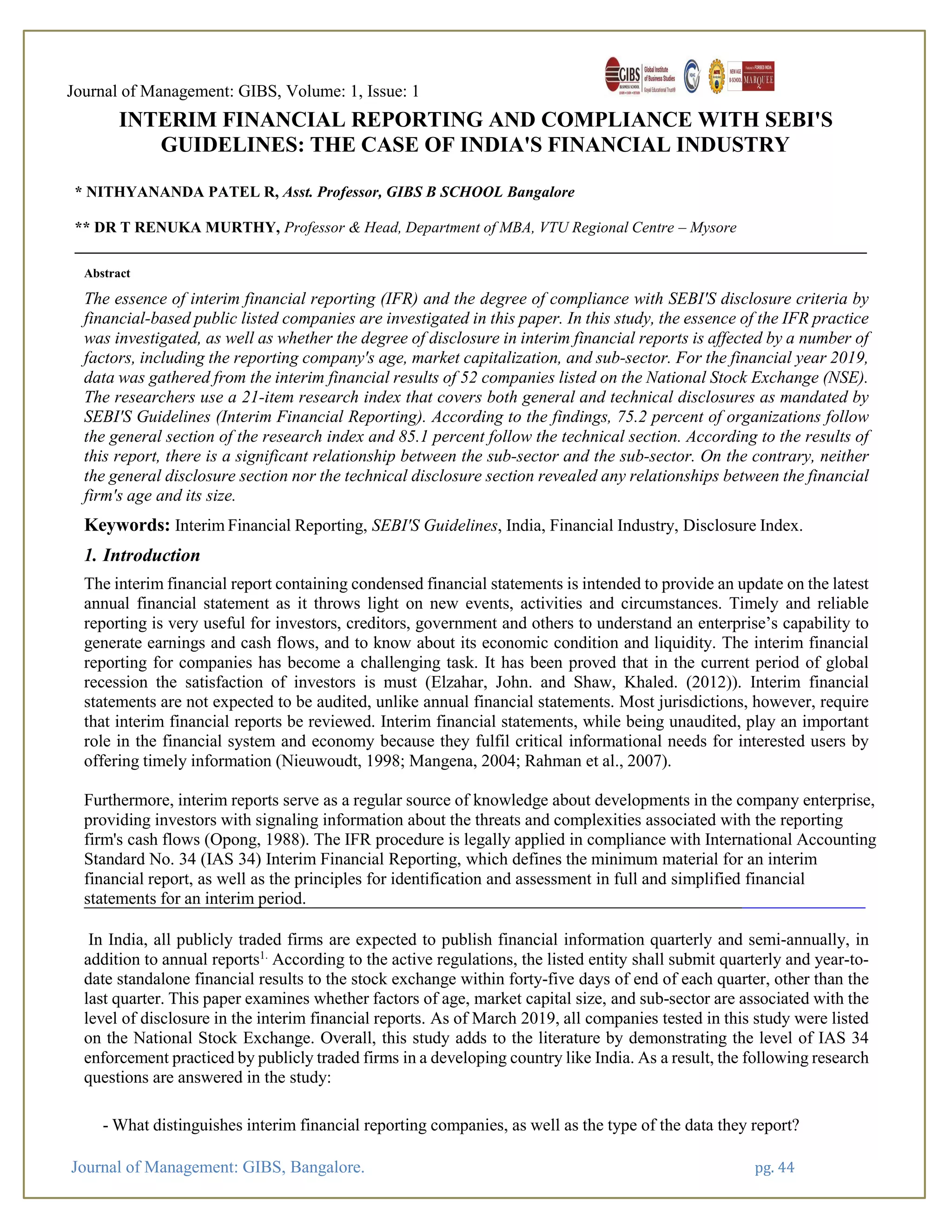 Interim Financial Reporting and Compliance with SEBIs guidelines the ...