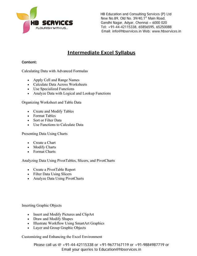 Intermediate excel syllabus - www.hbservices.in