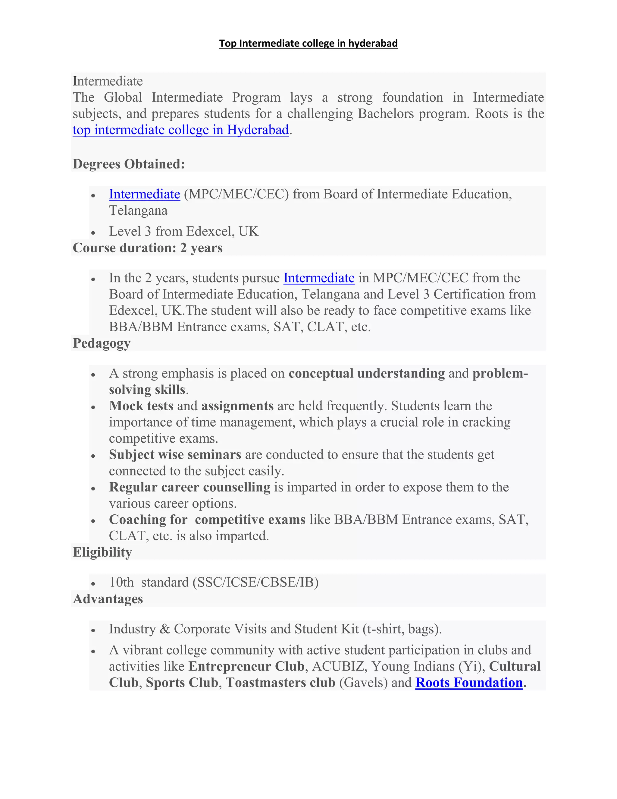 ROOTS-TOP INTERMEDIATE COLLEGE HYDERABAD FOR MPC,MEC AND CEC | PDF ...