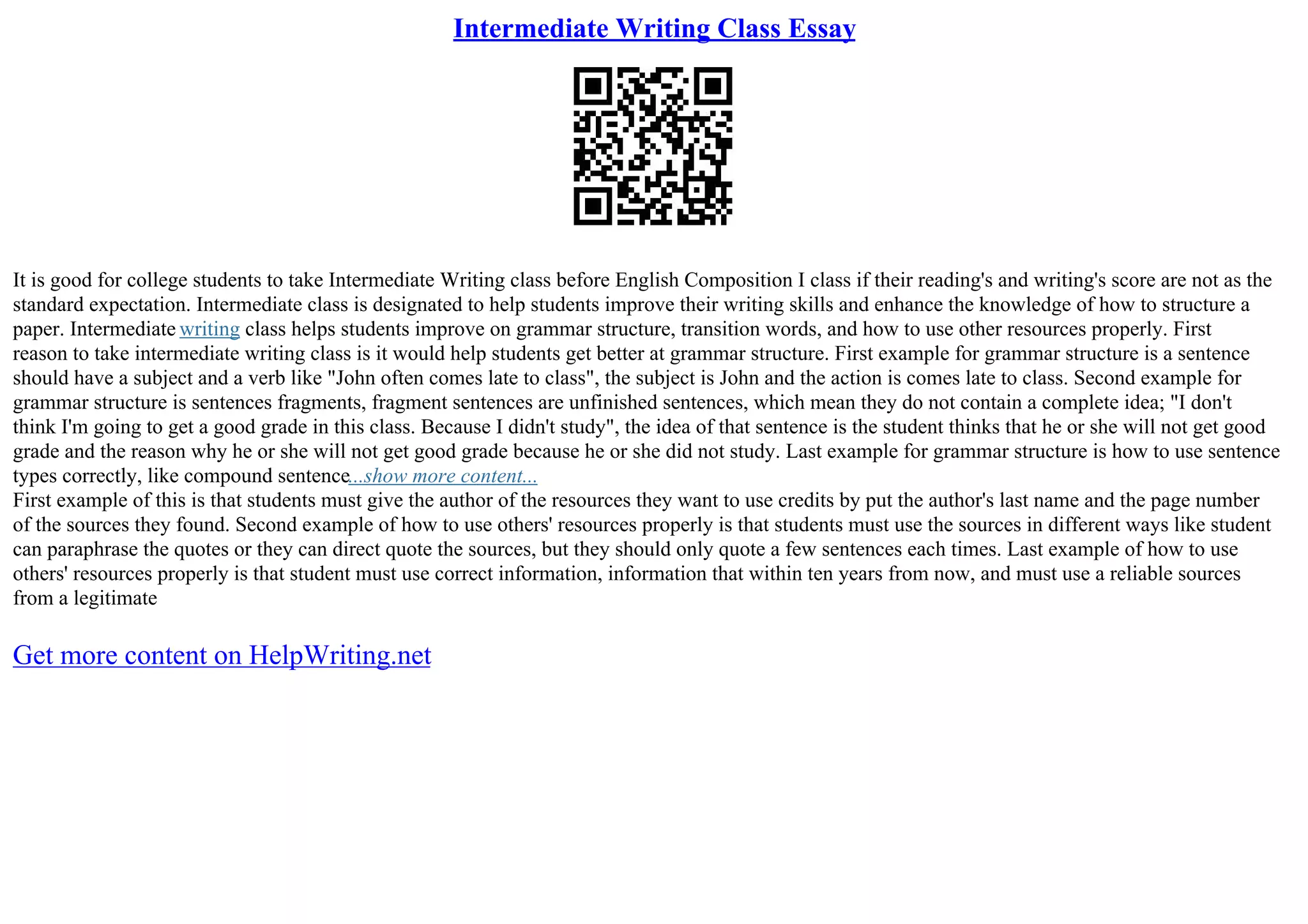 Intermediate Writing Class Essay | PPT