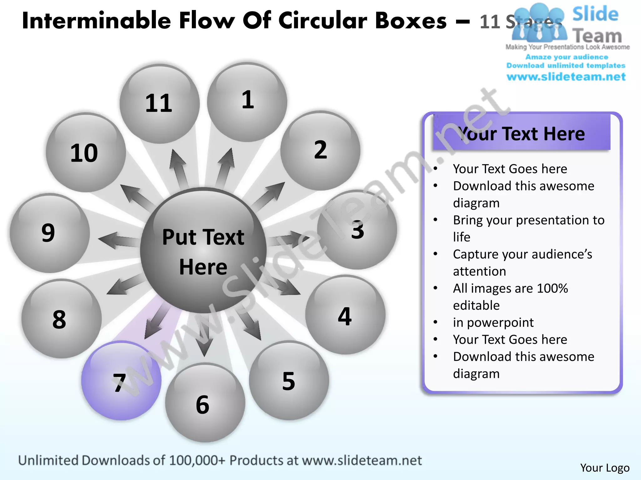Interminable flow of circular boxes 11 stages cycle chart power point ...