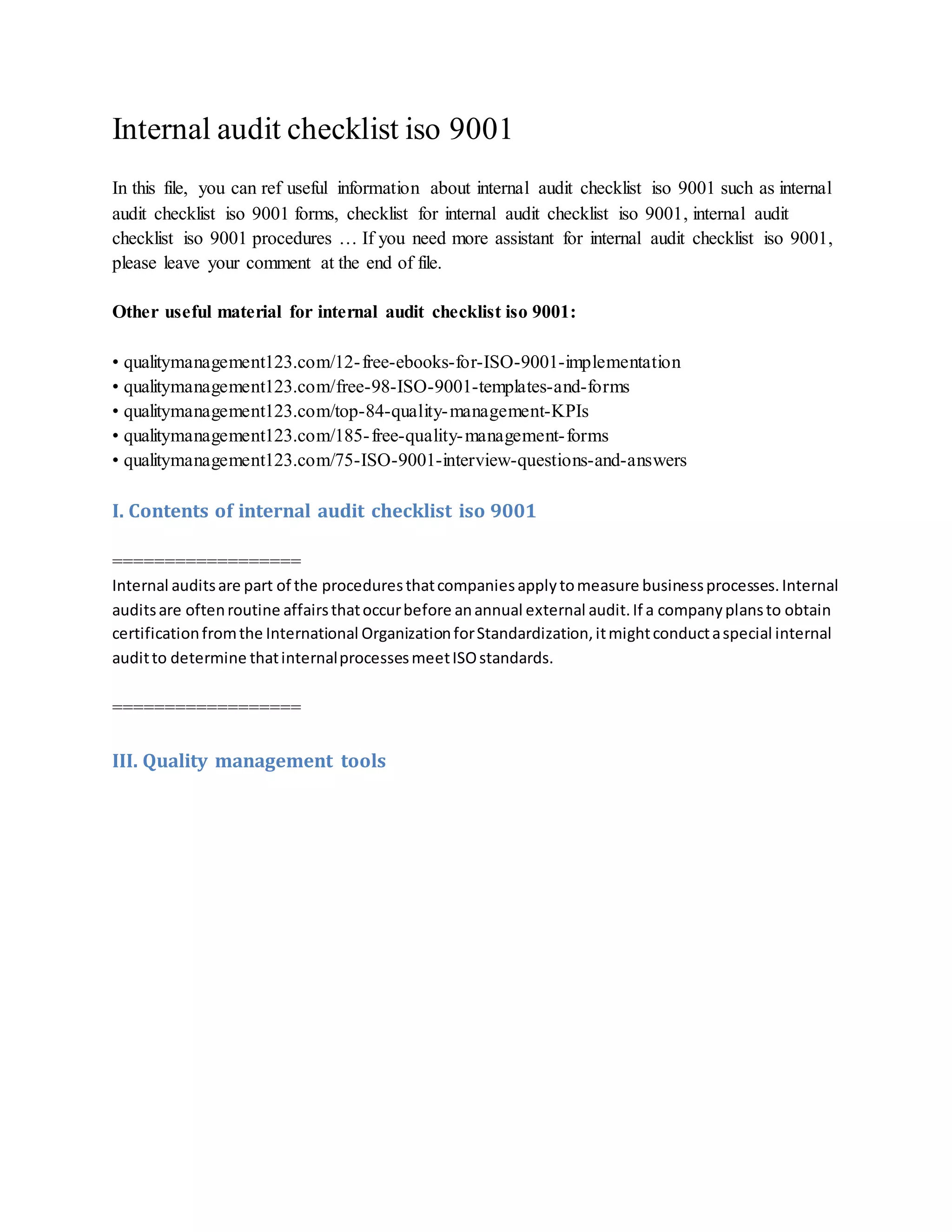 Internal audit checklist iso 9001 | DOCX