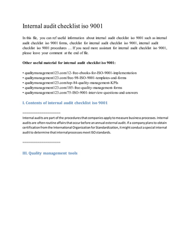Internal audit checklist iso 9001 | DOCX