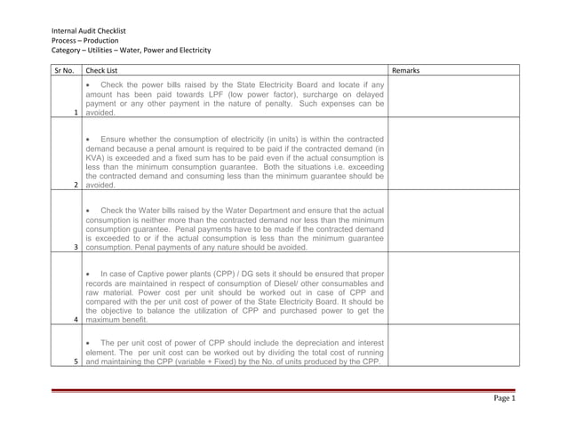 Internal Audit Checklist Process Production Category Utilities water ...