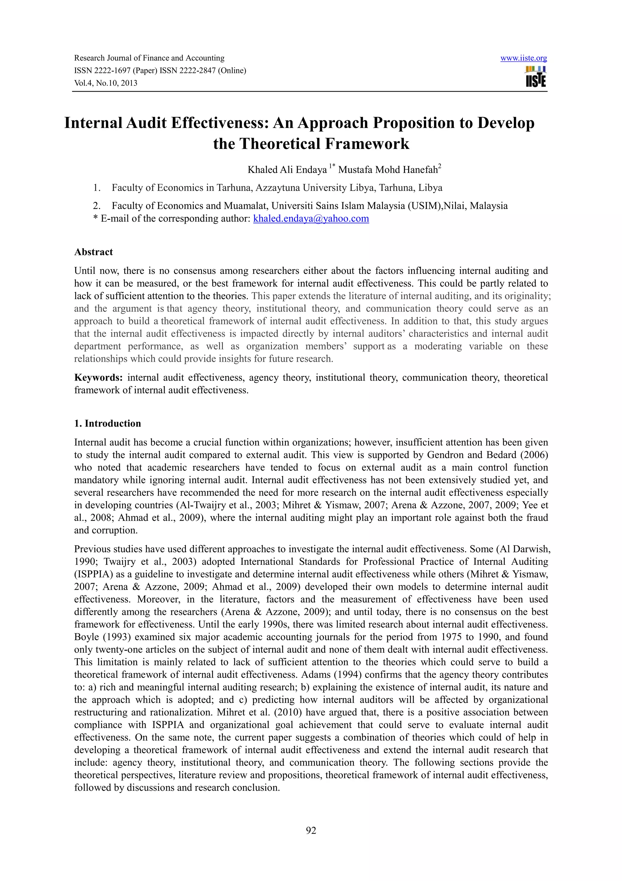 Internal audit effectiveness an approach proposition to develop the theoretical framework | PDF