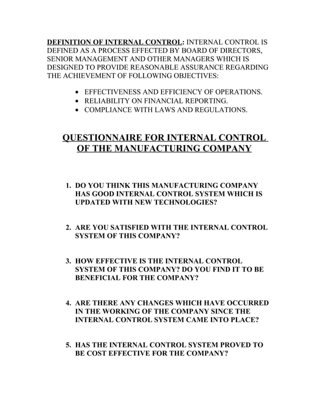 INTERNAL CONTROL SYSTEM -QUESTIONNAIRE | DOC | Business Administration ...
