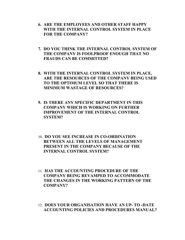 INTERNAL CONTROL SYSTEM -QUESTIONNAIRE | DOC | Business Administration ...