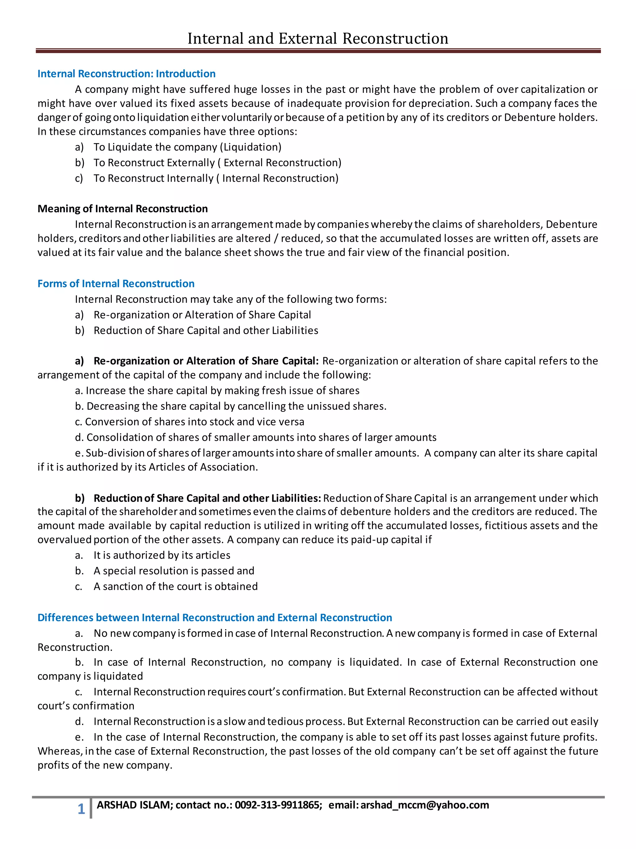 Internal & external recounstruction | DOCX | Mergers and Acquisitions ...