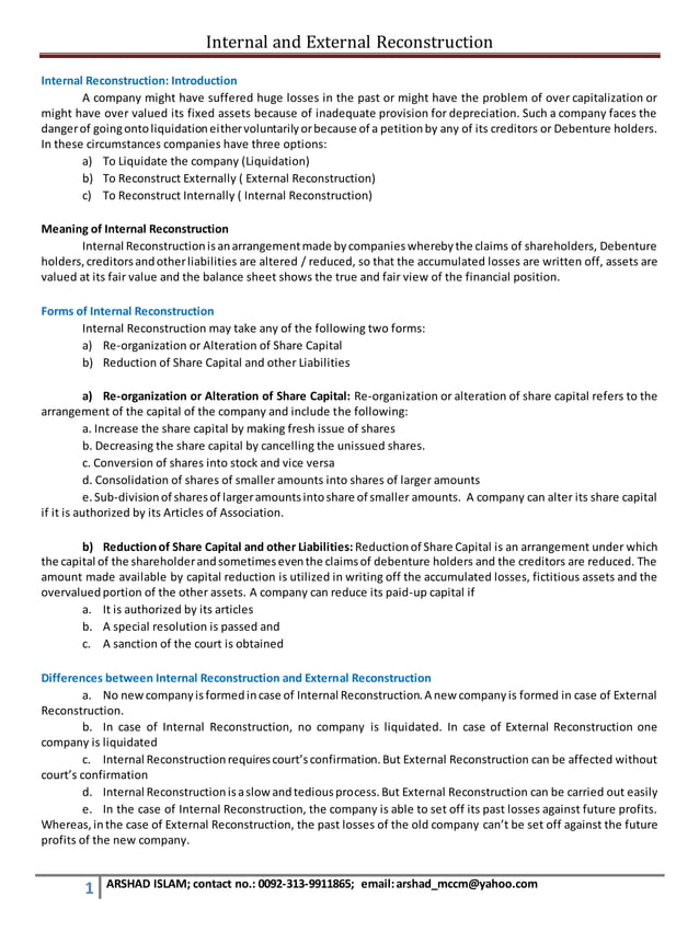 Internal & external recounstruction | DOCX | Mergers and Acquisitions ...