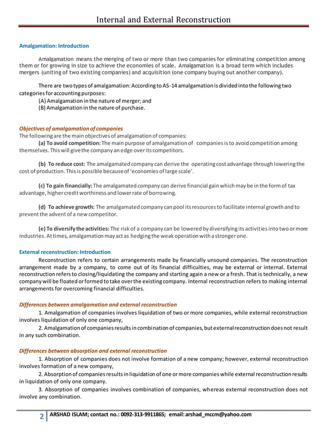 Internal & external recounstruction | DOCX | Mergers and Acquisitions ...