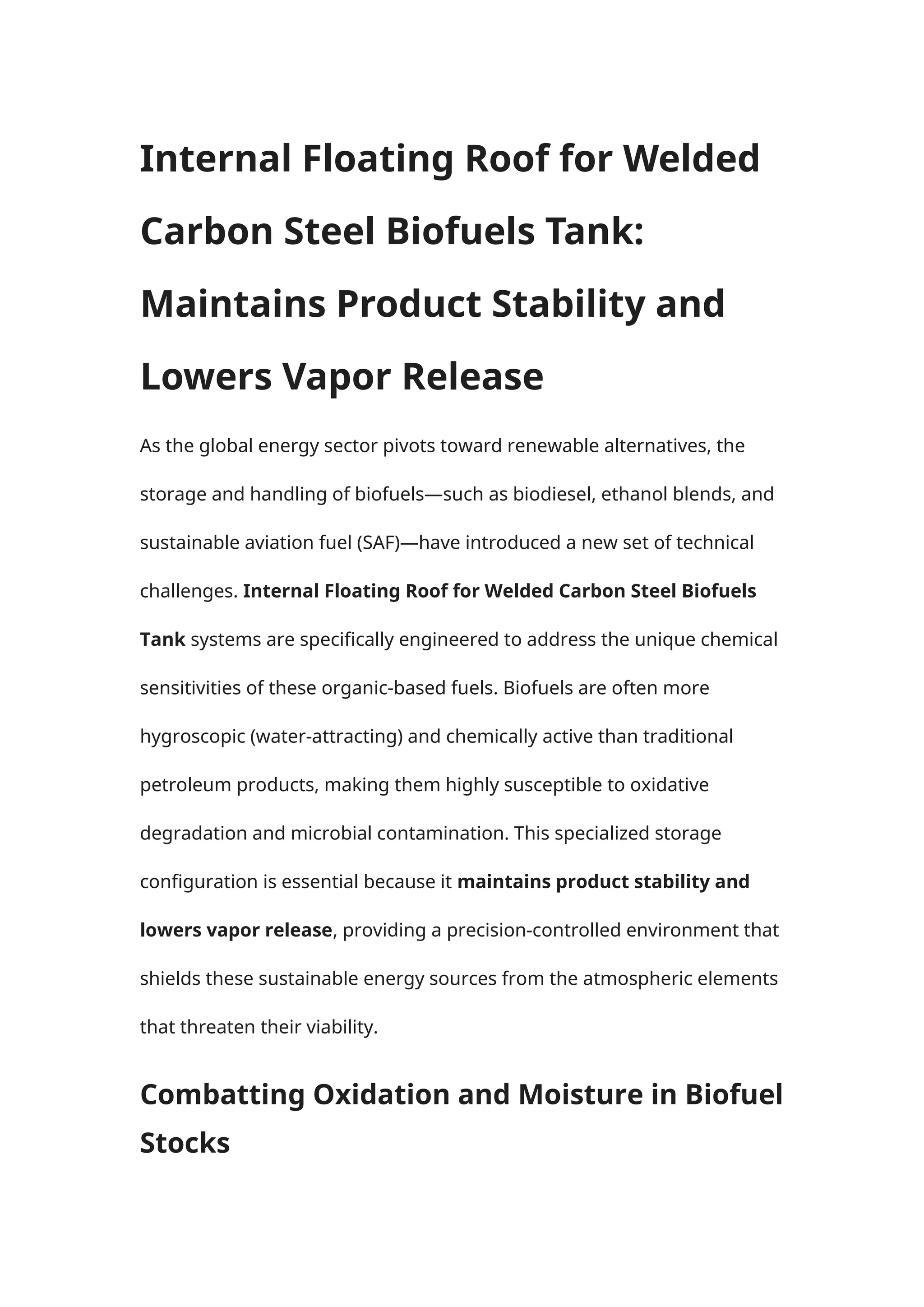 Internal Floating Roof for Welded Carbon Steel Biofuels Tank Maintains ...