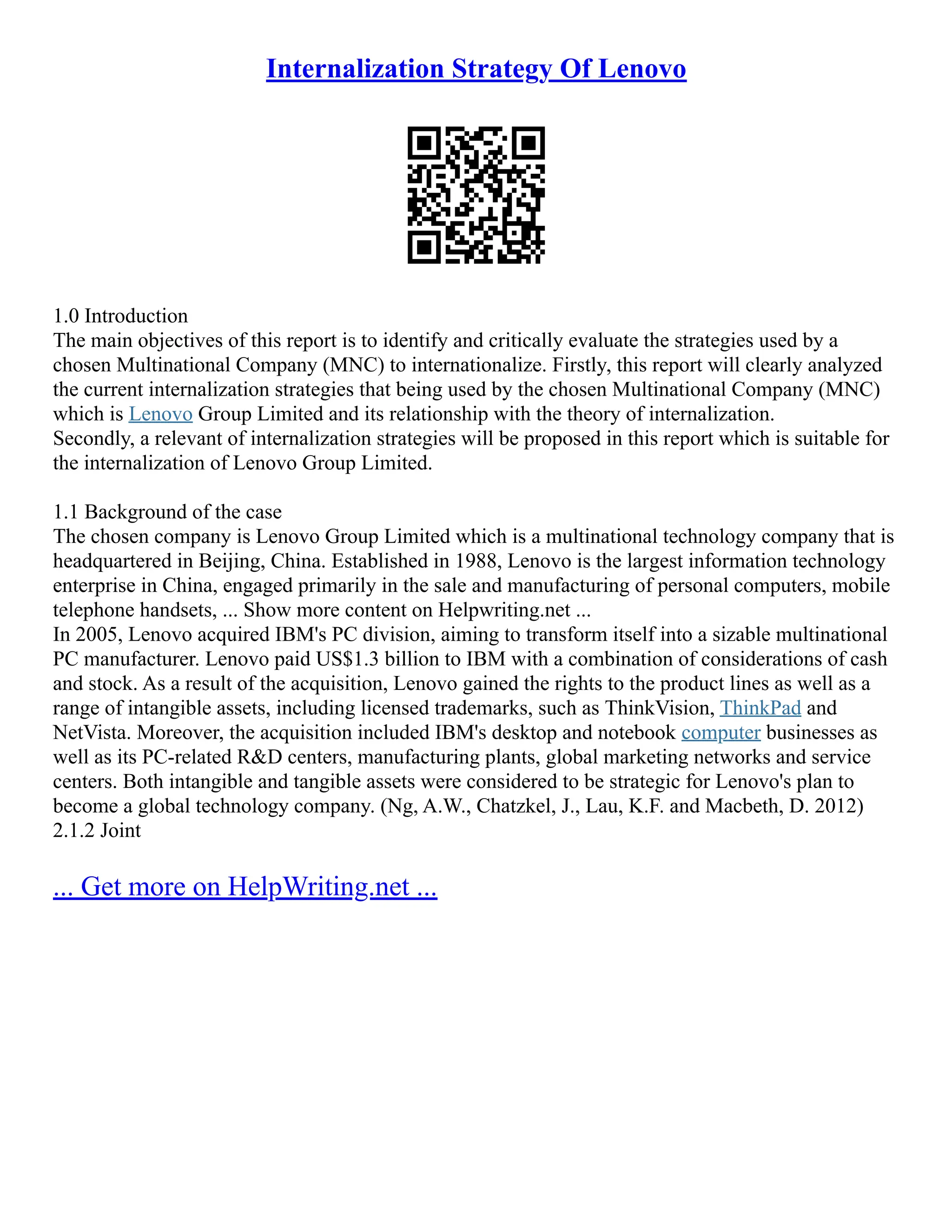 Internalization Strategy Of Lenovo | PDF