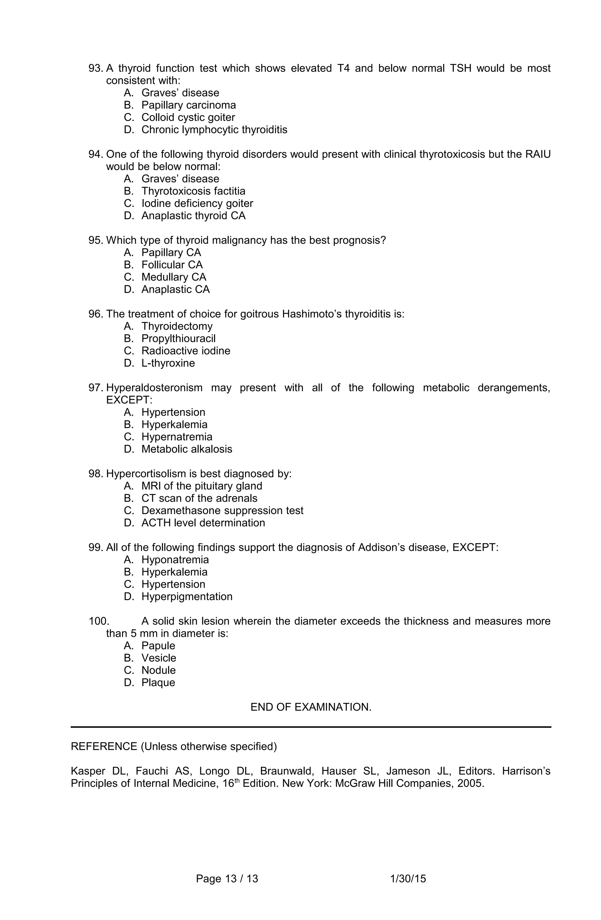 Internal Medicine Sample Questions | DOC