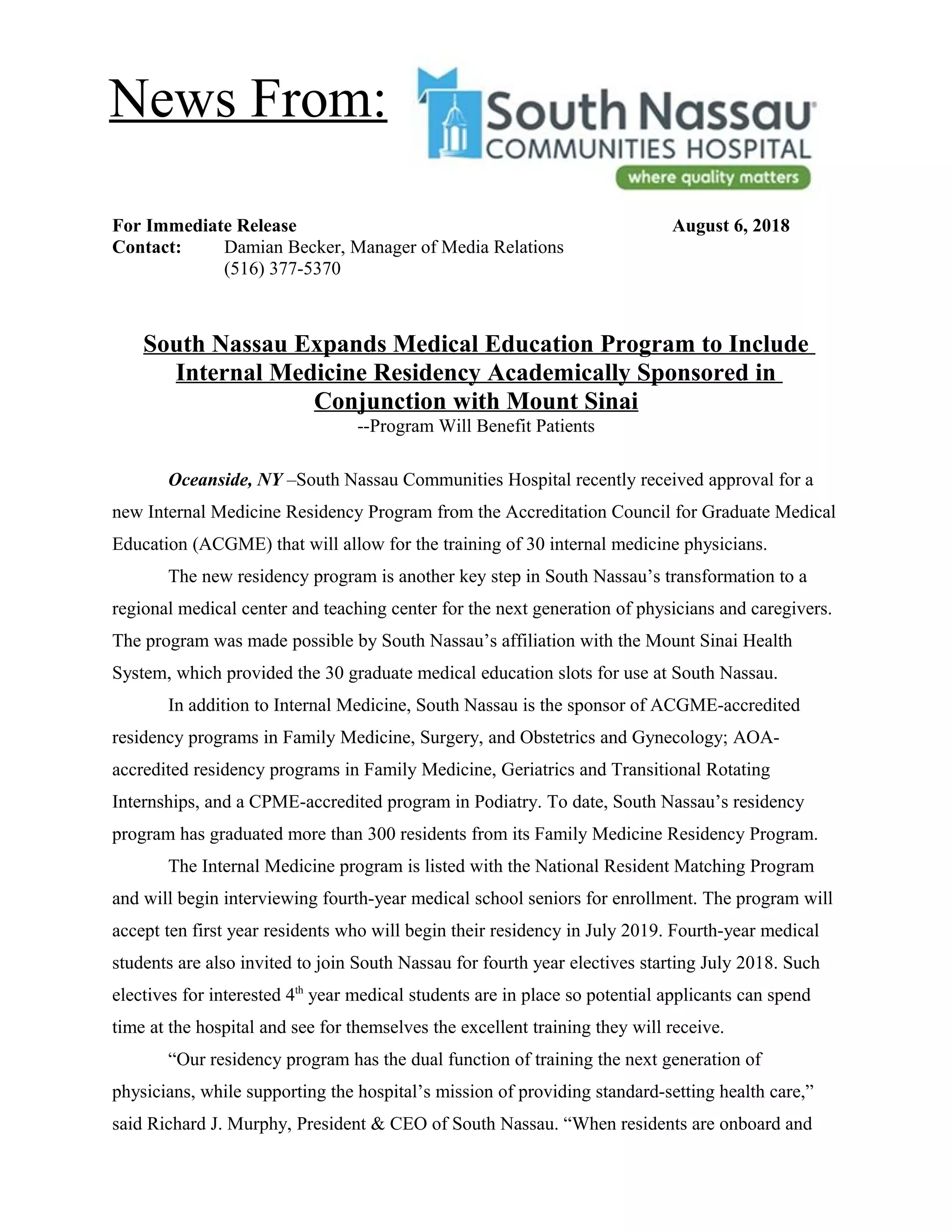 South Nassau Expands Medical Education Program to Include Internal ...