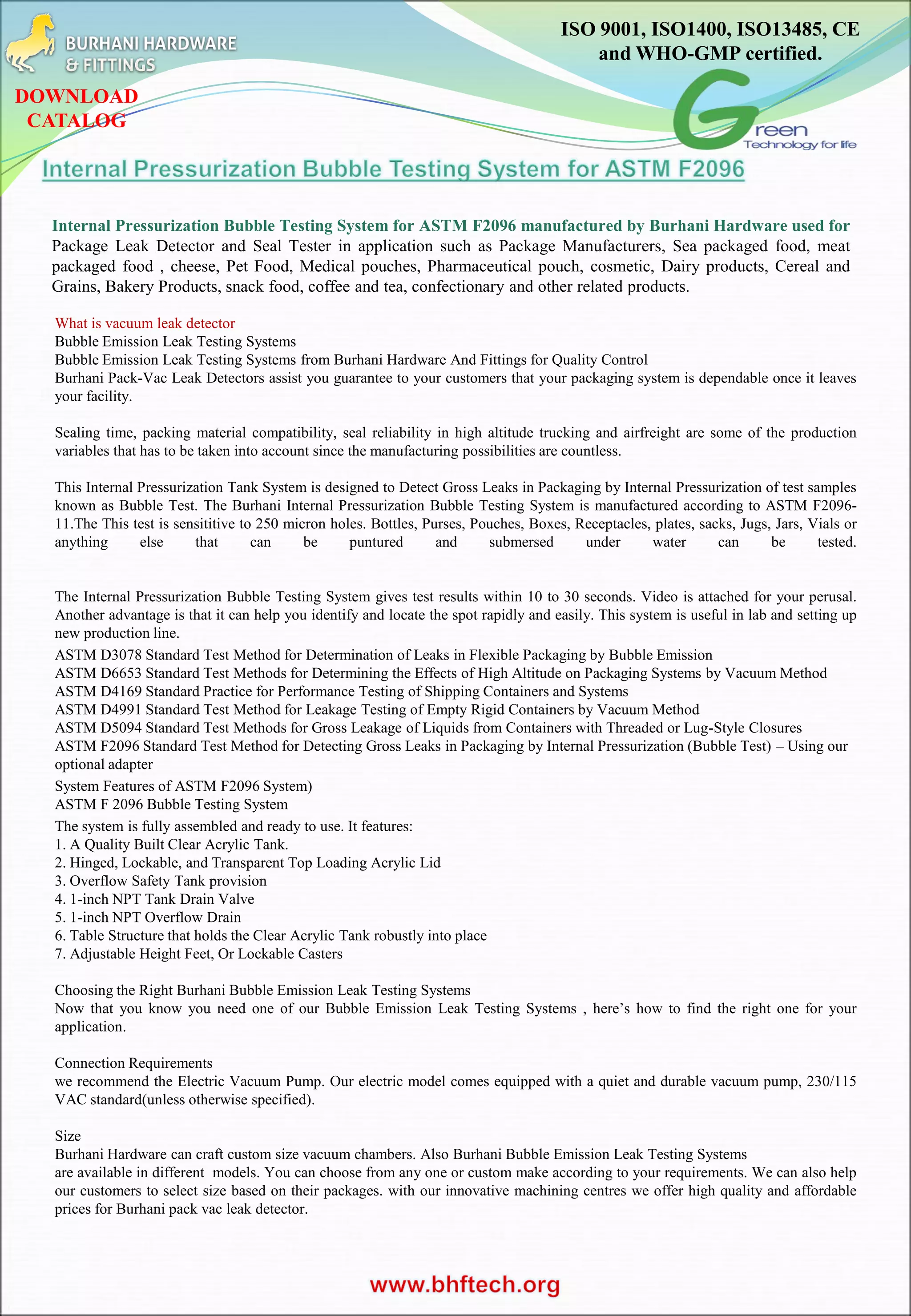 Internal pressurization bubble testing system for astm f2096 | PDF