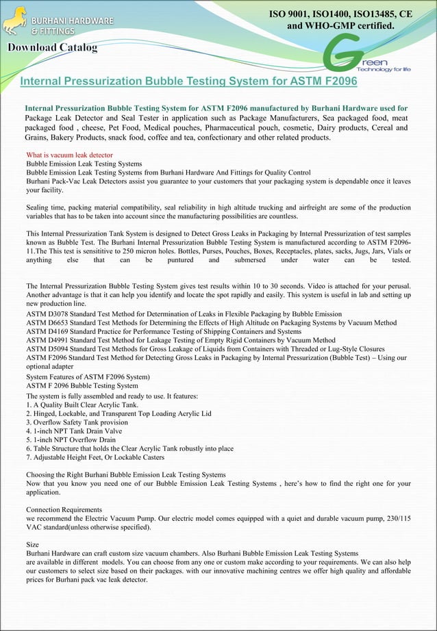 Internal pressurization bubble testing system for astm f2096 | PDF