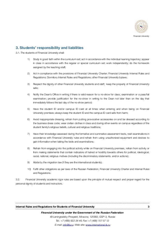 Internal Rules and Regulations for Students of Financial University
