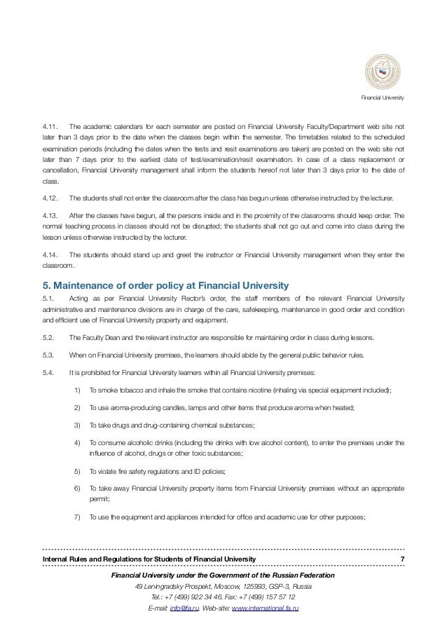 Internal Rules and Regulations for Students of Financial University