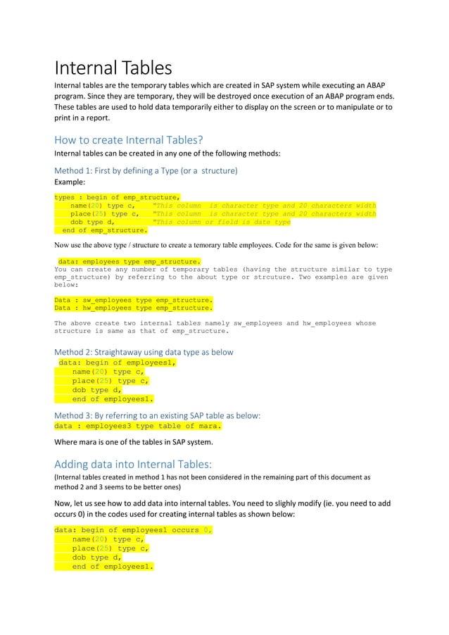 Internal tables in sap | PDF