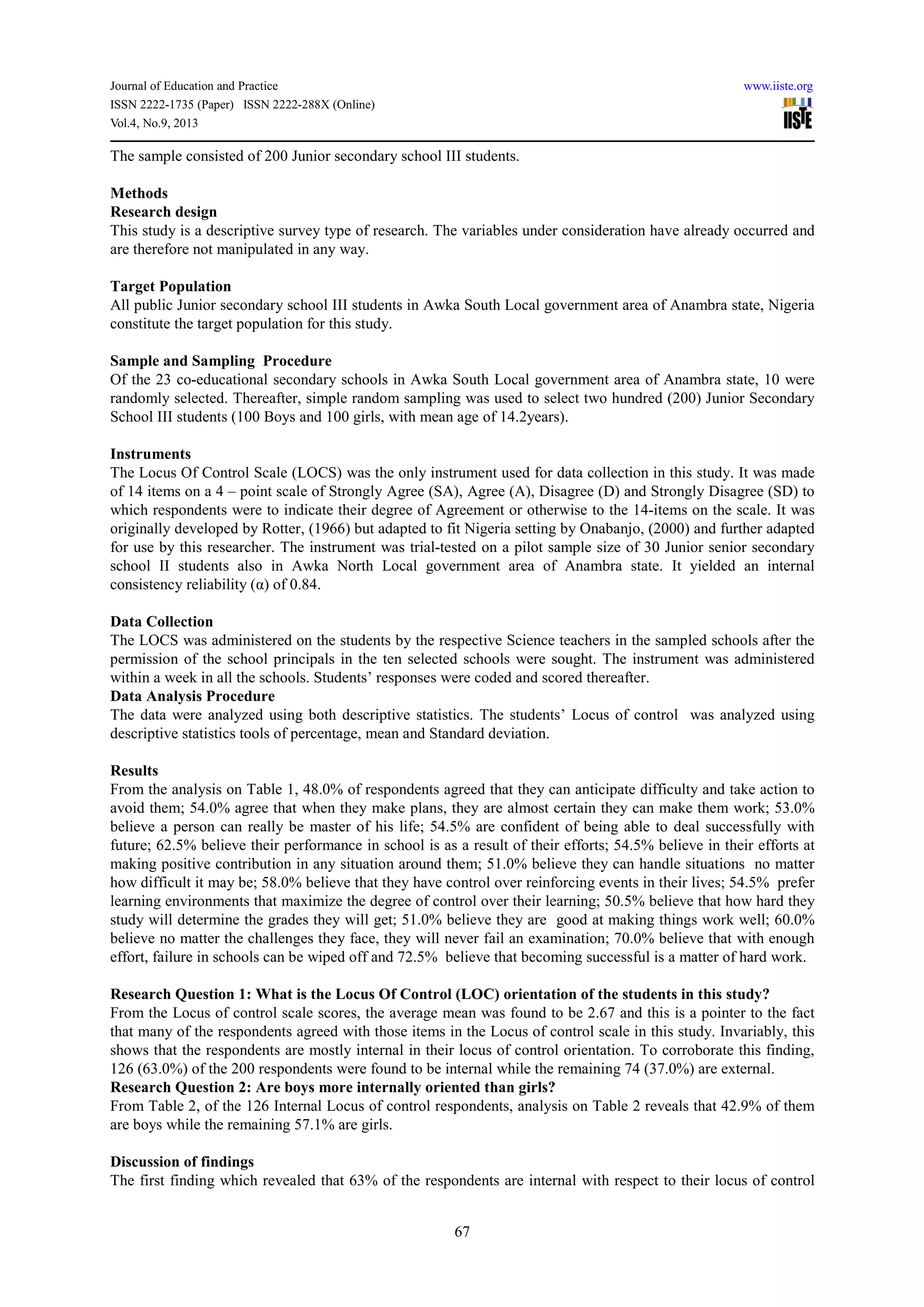 Internal versus external control of reinforcement; where do nigeria ...