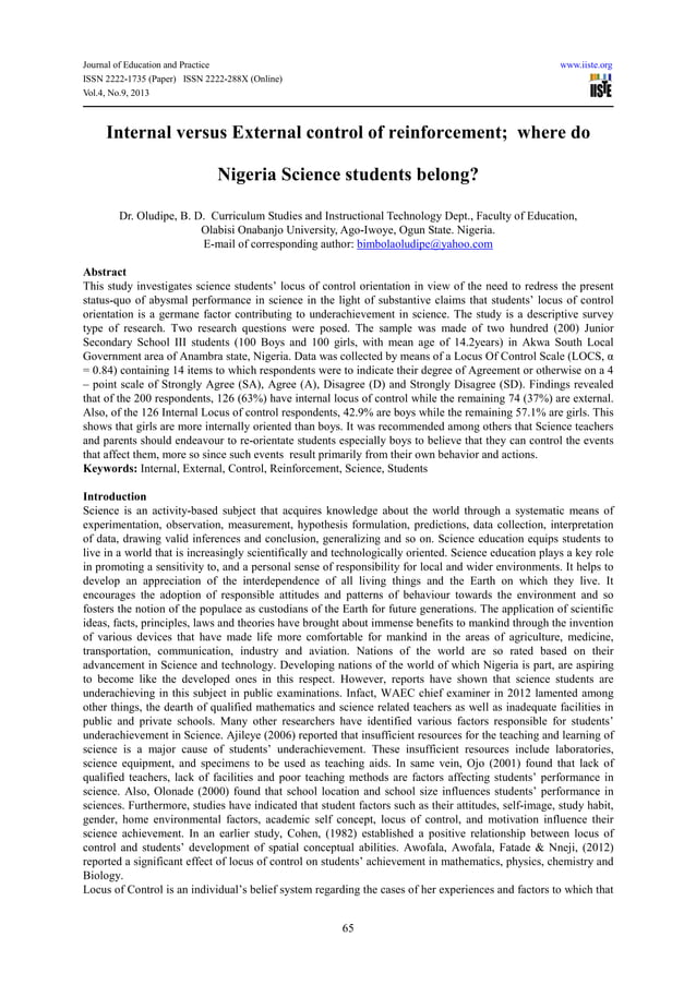 Internal versus external control of reinforcement; where do nigeria science students belong ...