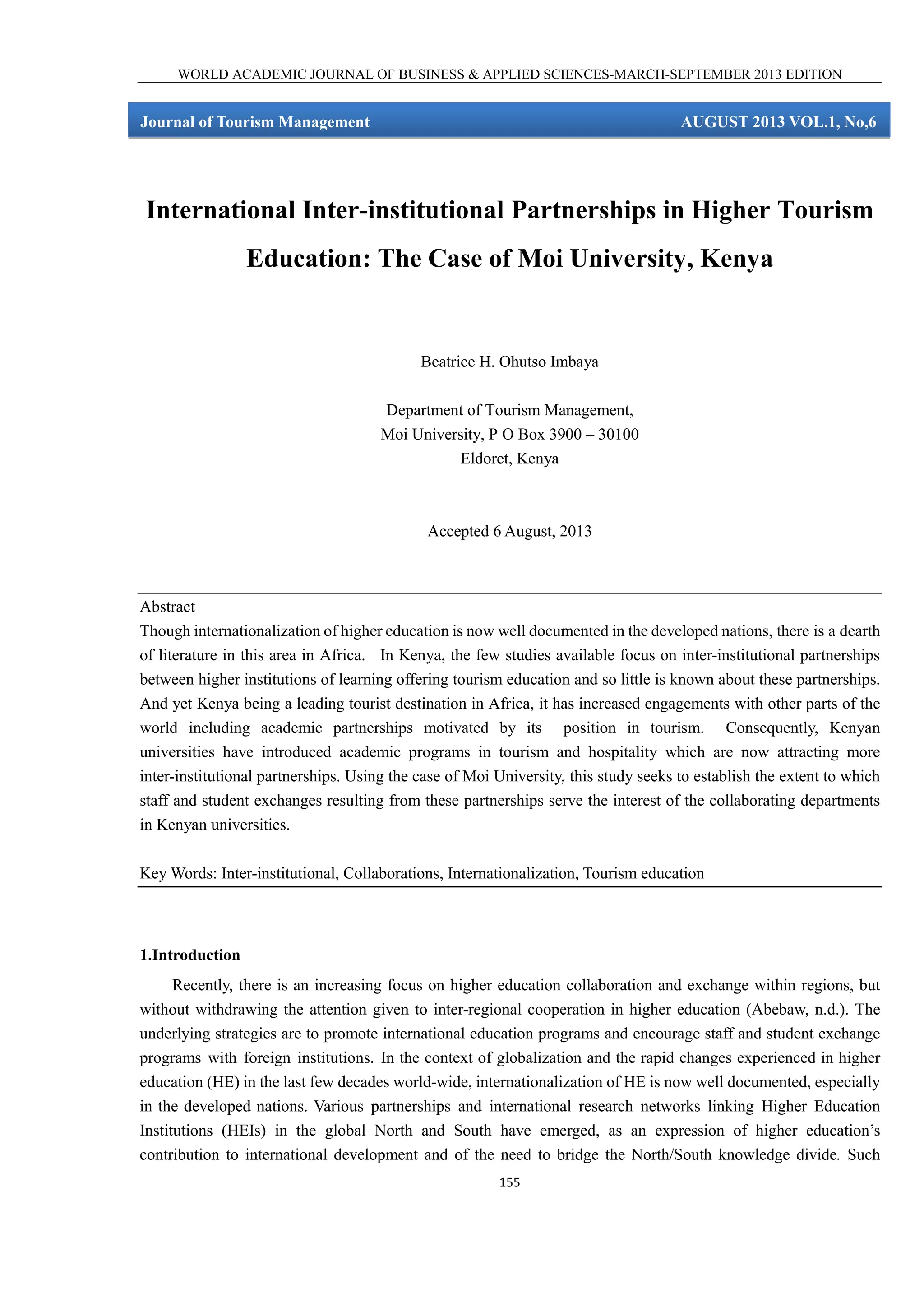 International Inter-institutional Partnerships in Higher Tourism Education: The Case of Moi ...