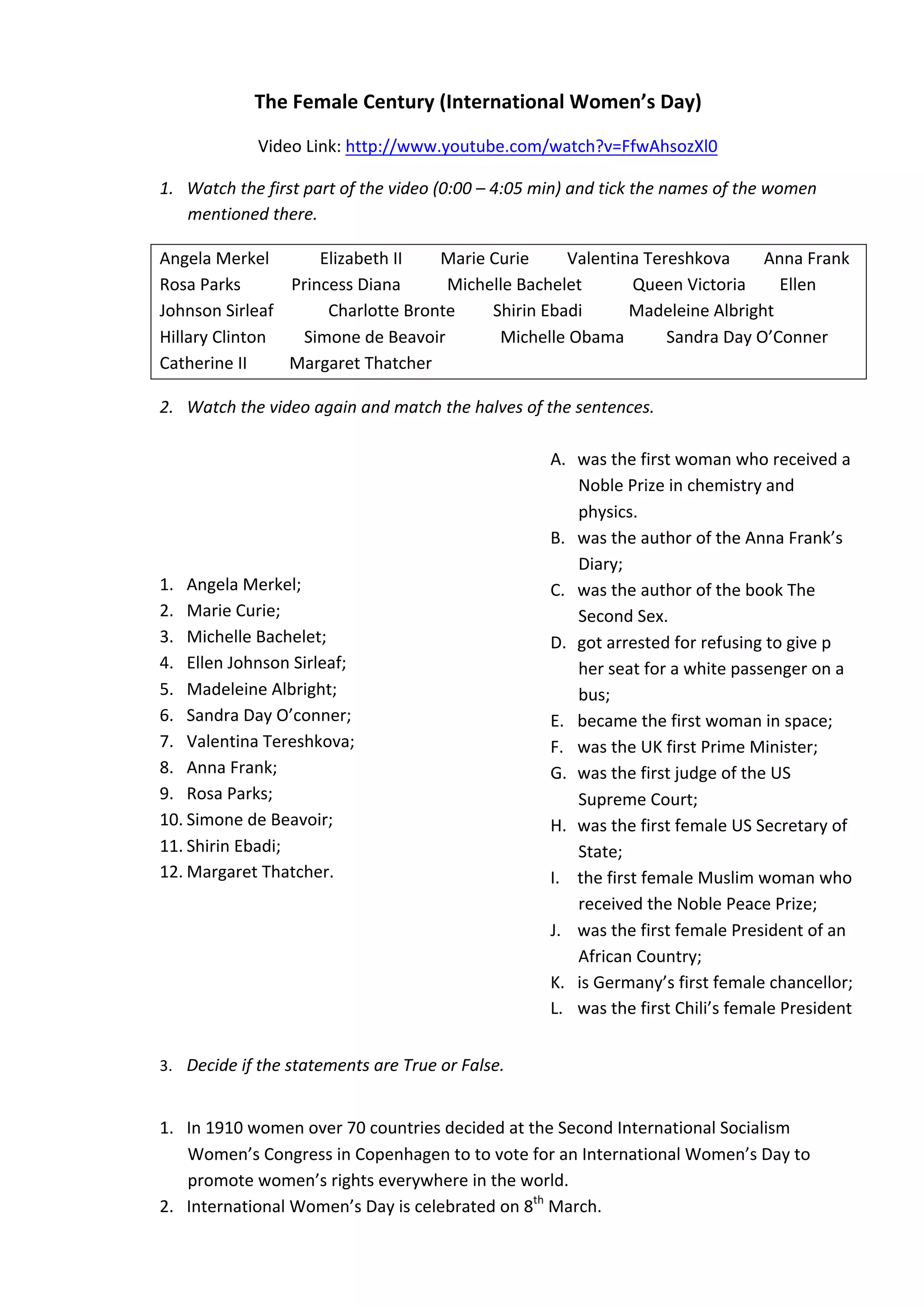 International womens-day-video-worksheet-video-movie-activities 67089 | PDF