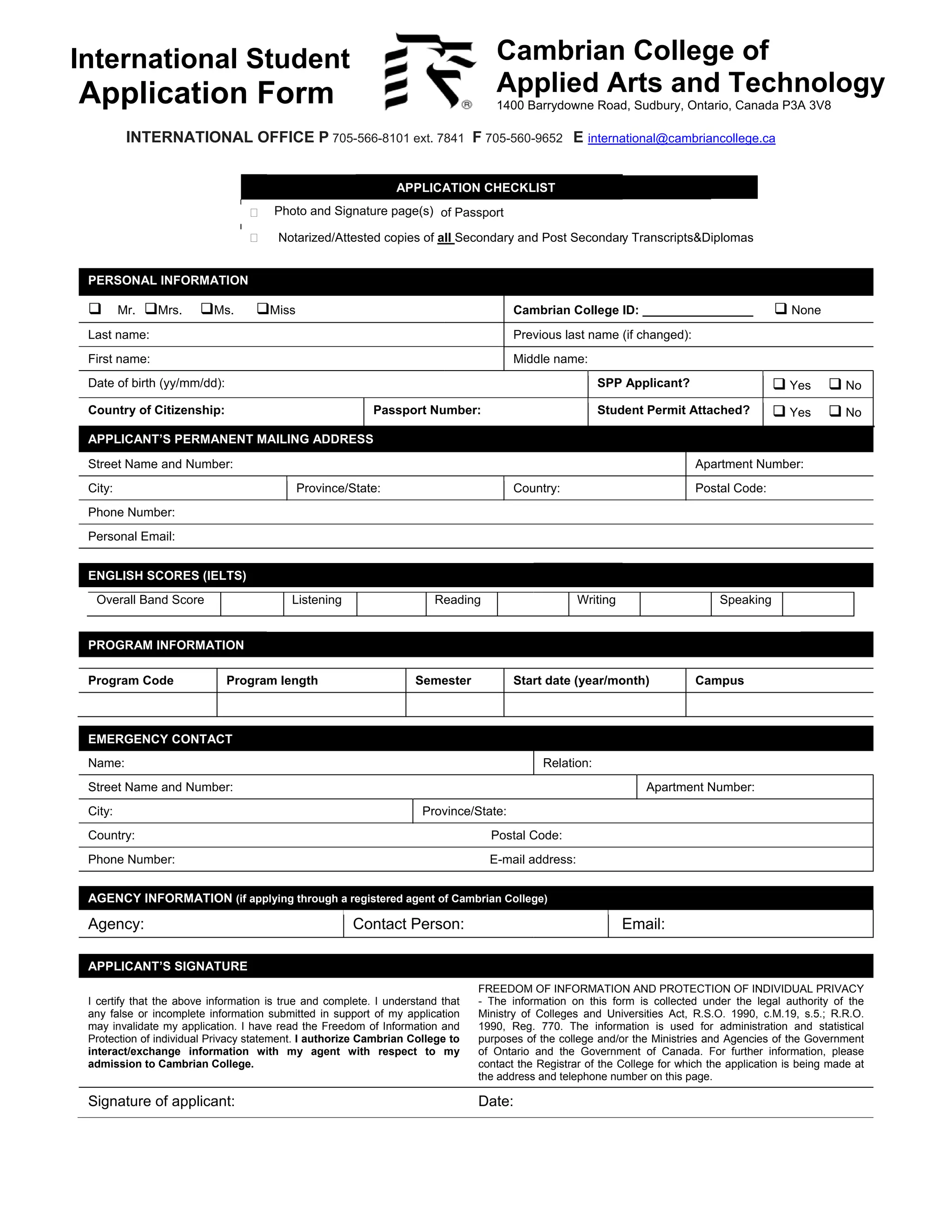 cambrian college International application form (2) | PDF