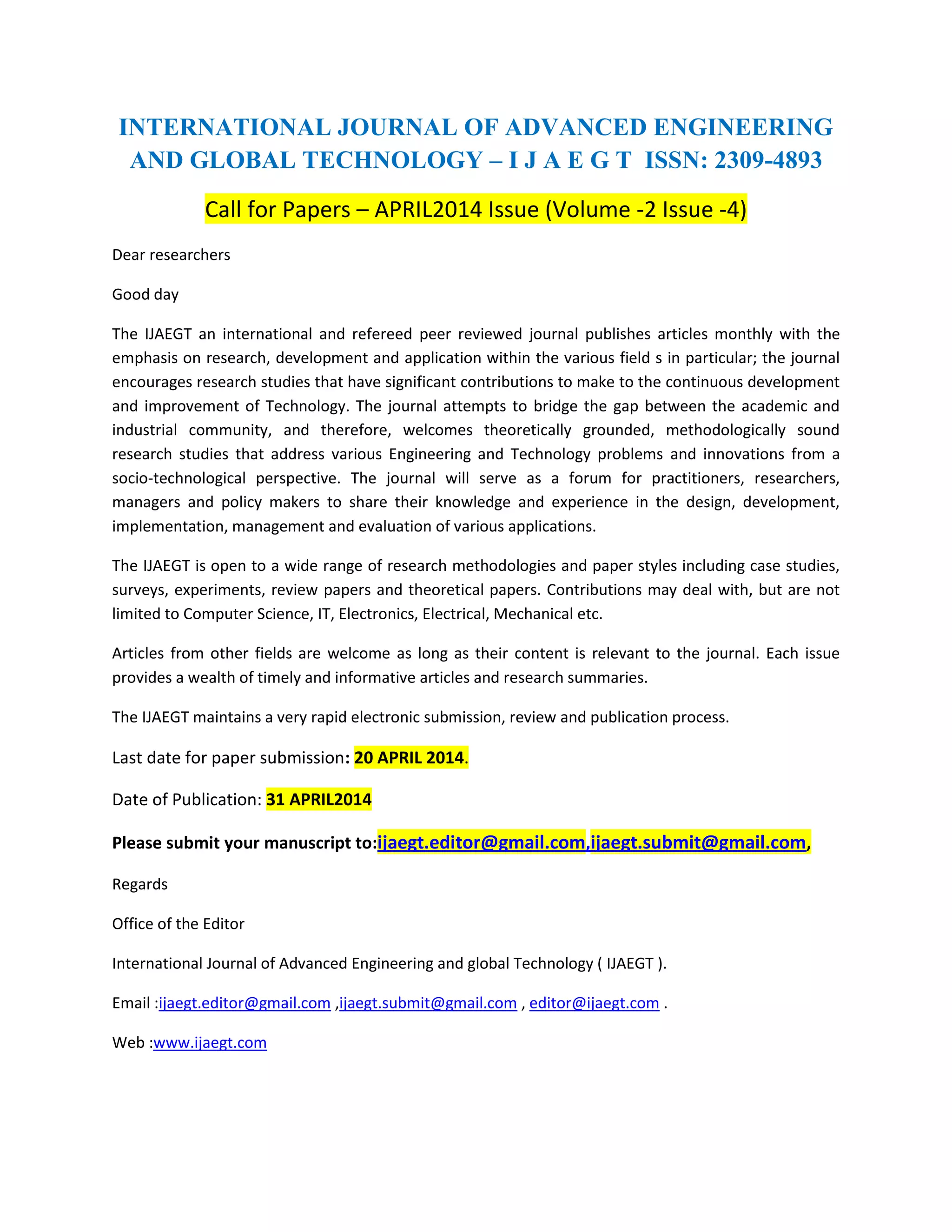 INTERNATIONAL JOURNAL OF ADVANCED ENGINEERING AND GLOBAL TECHNOLOGY | PDF