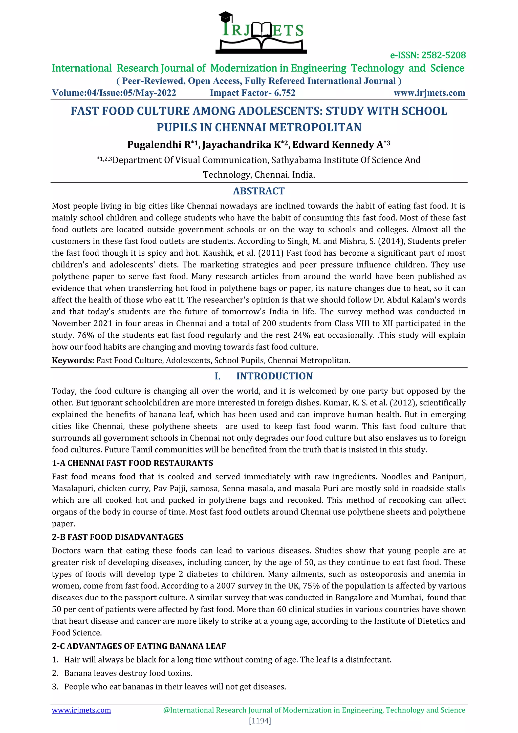FAST FOOD CULTURE AMONG ADOLESCENTS: STUDY WITH SCHOOL PUPILS IN ...