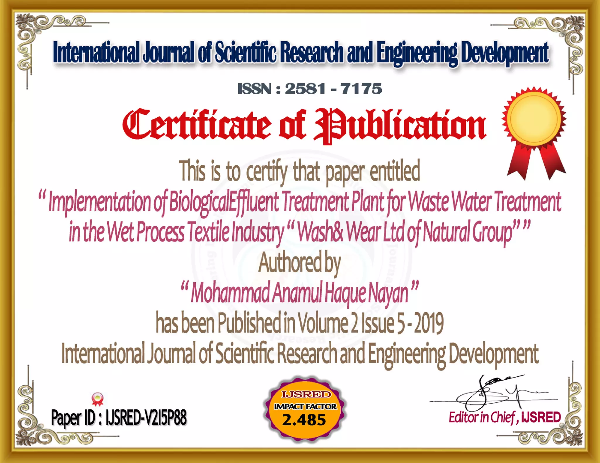 International Journal Certificate of Publication for ETP Research (www.ijsred.com/volume2/issue5 ...