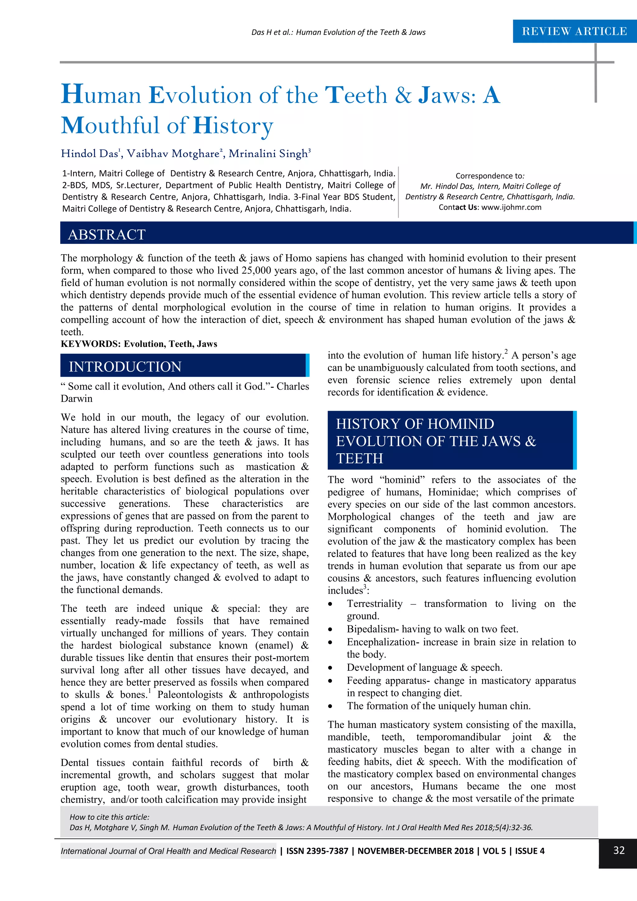 Human Evolution of the Teeth & Jaws: A Mouthful of History ...