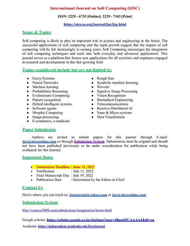 Call for Articles - International Journal on Soft Computing (IJSC) | PDF