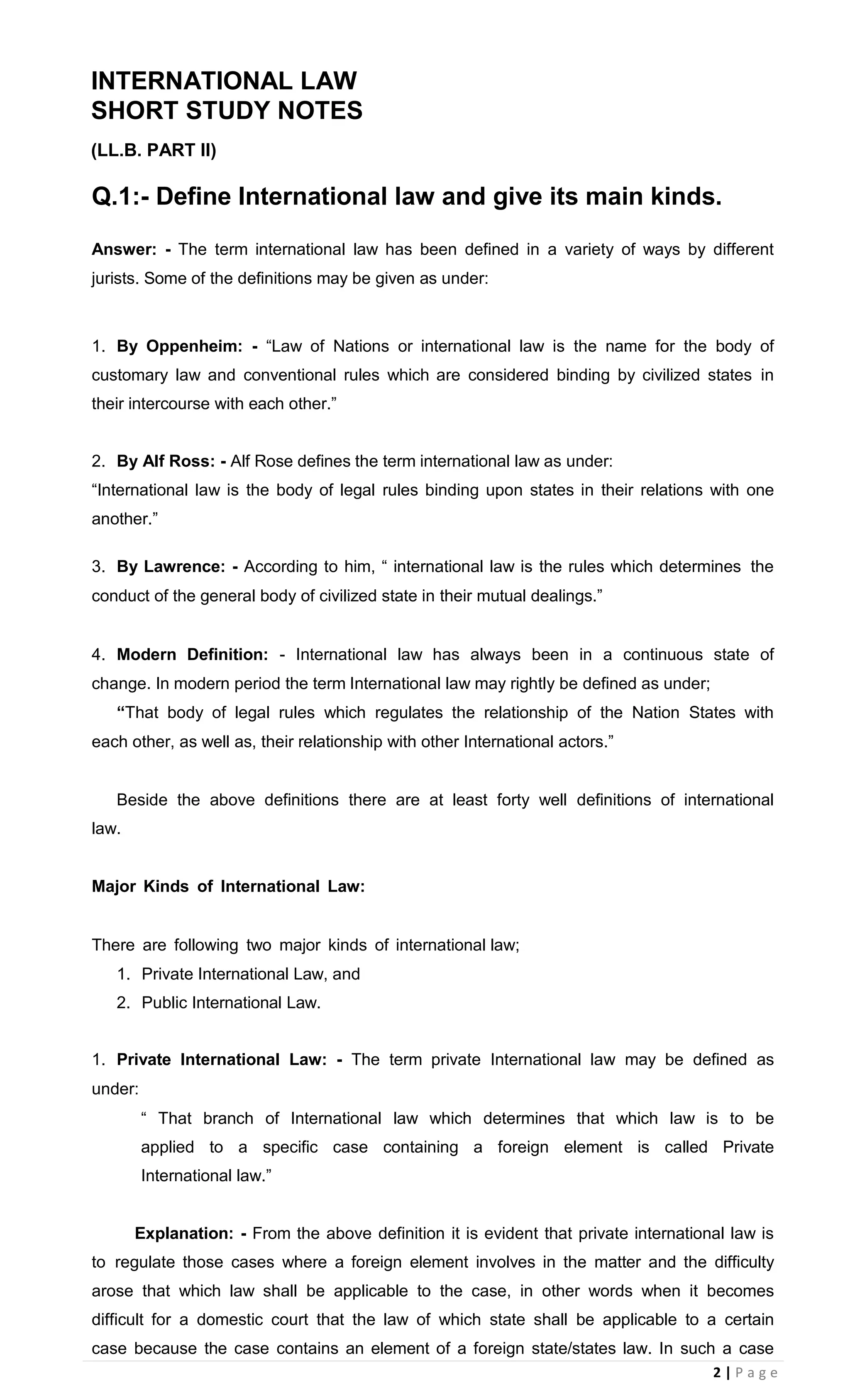 International Law Short Study Notes | PDF