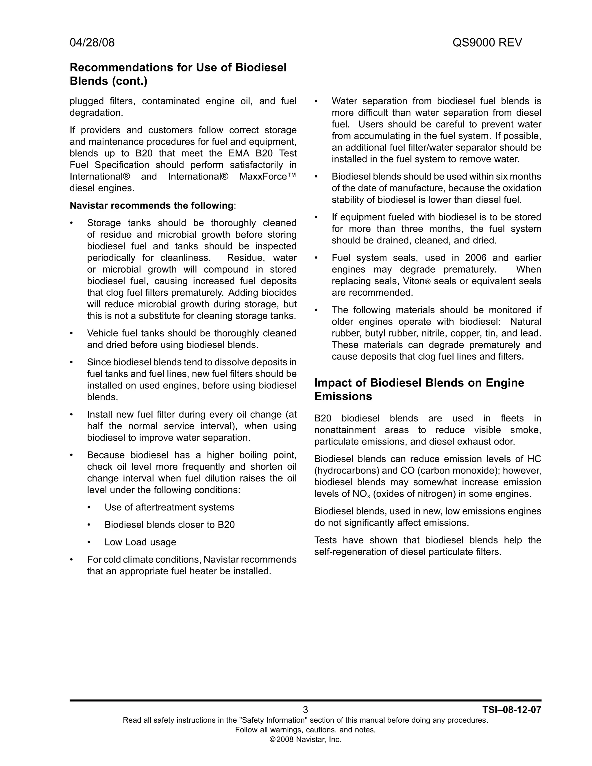 International navistar updated tsi bio diesel may 2008 | PDF