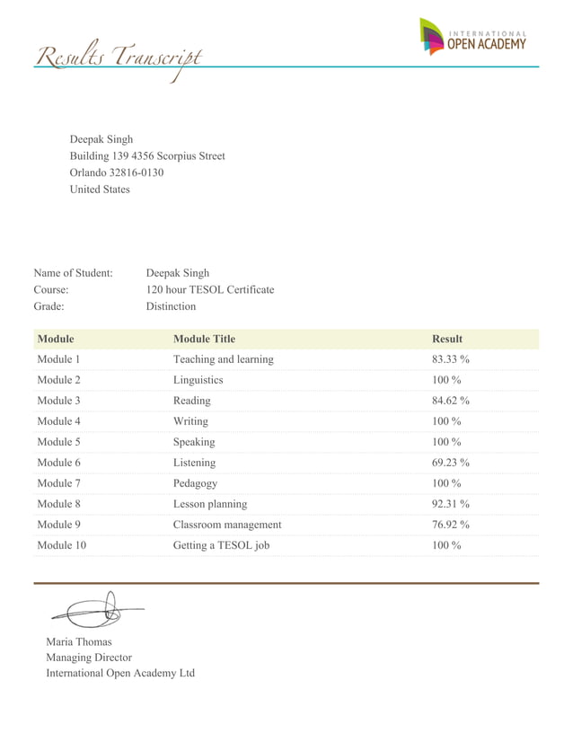 International Open Academy 150-hour TESOL/TEFL Diploma Deepak Danny ...